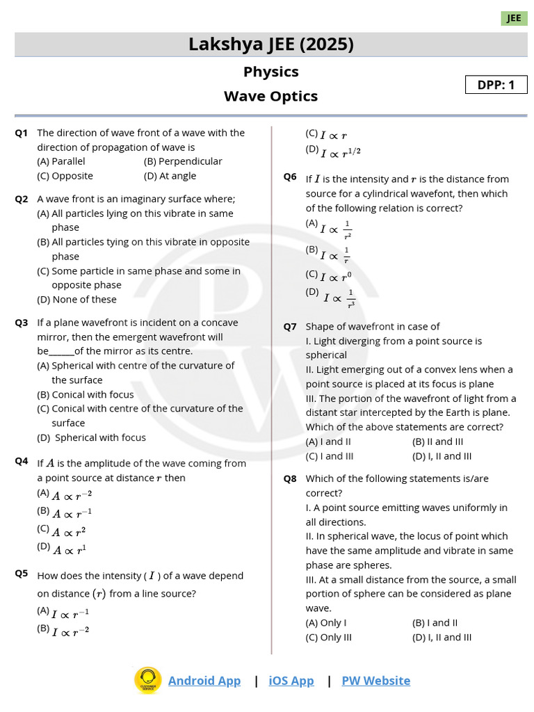 Wave Optics - DPP 01 (Of Lec 05) - Lakshya JEE 2025 | PDF | Electromagnetic Radiation | Optics