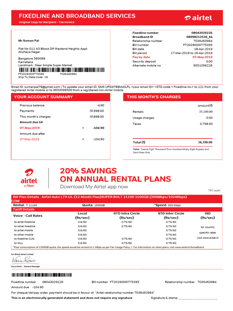 Airtel Bill | PDF | Payments