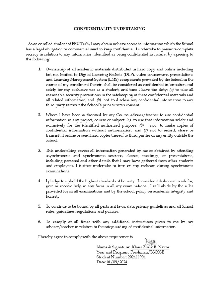 Confidentiality Undertaking Student Complete | PDF | Confidentiality ...