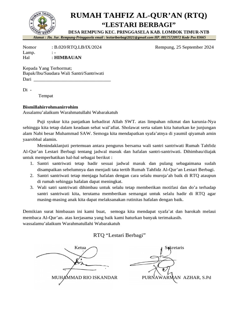 Himbauan untuk Wali Santri RTQ | PDF
