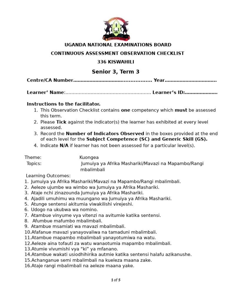 336 Kisw S3 Term 3 Observation Checklist | PDF