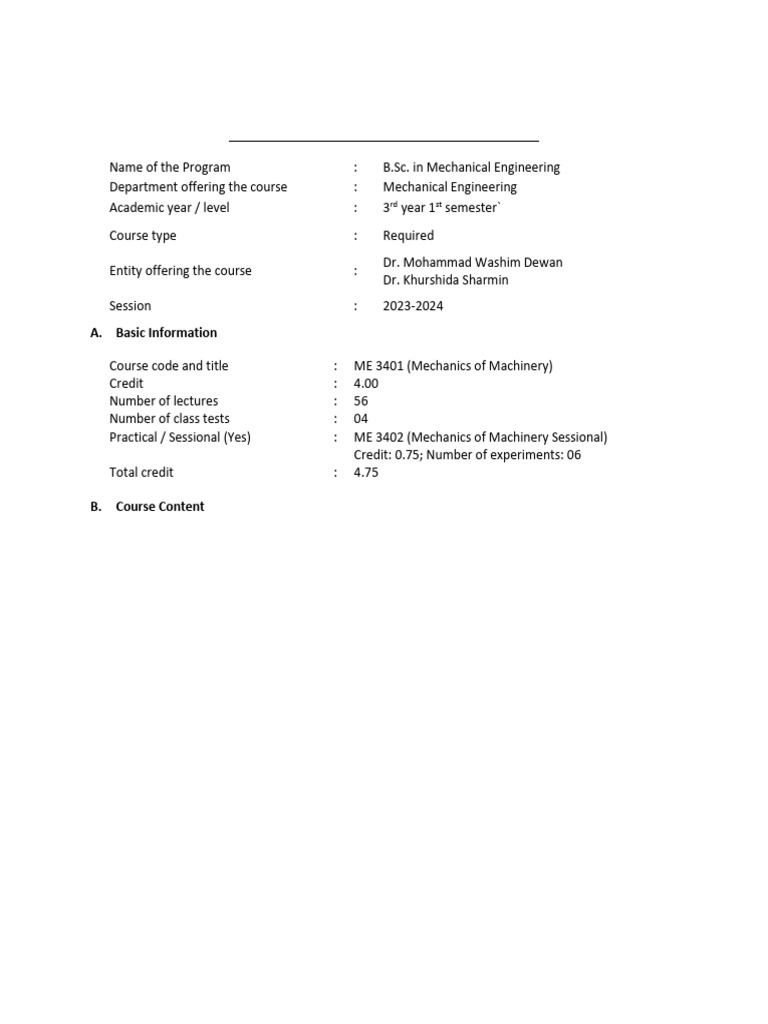 Mechanics of Machinery Course Outline | PDF | Machines | Gyroscope