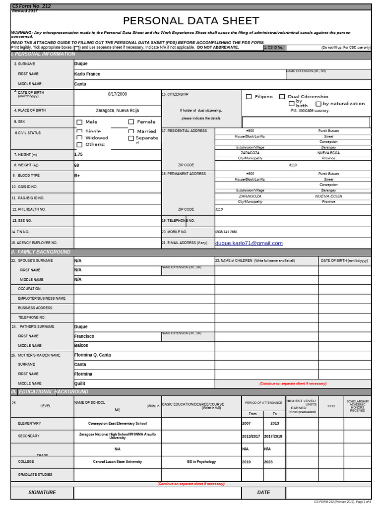 PDS Karlo Franco C. Duque | PDF | Identity Document | Government
