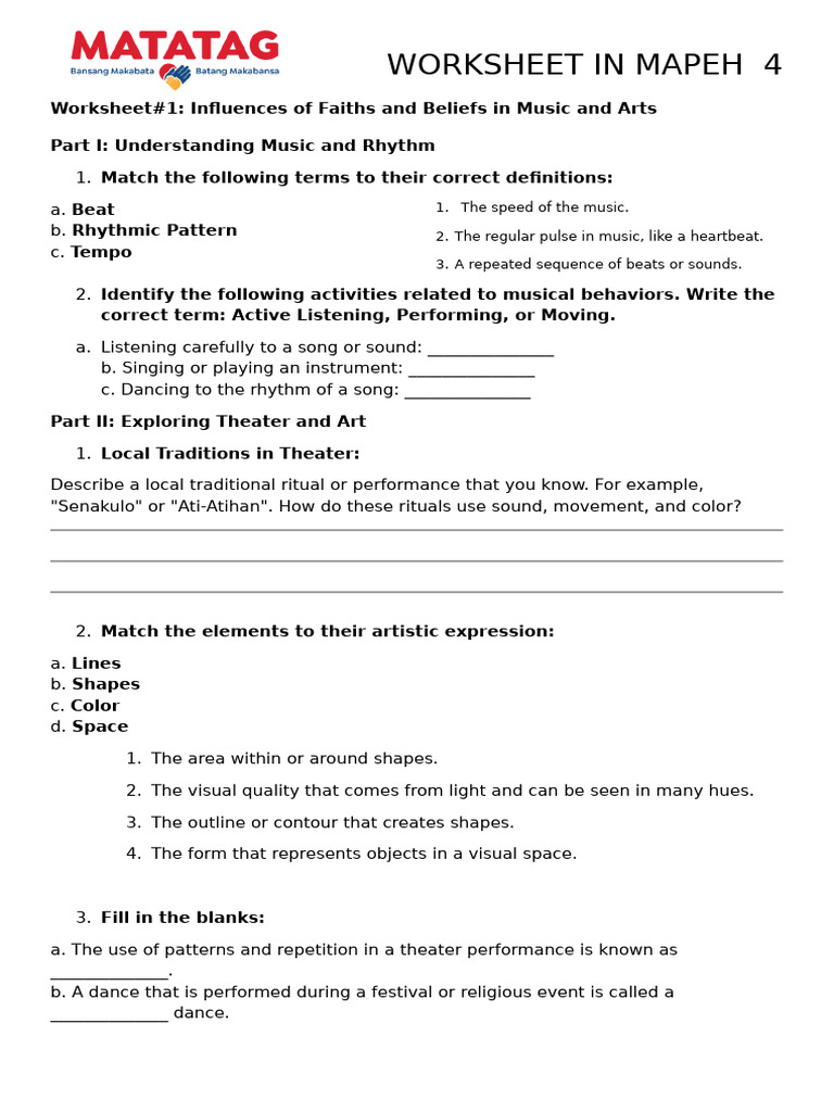 G4 Q2 WORKSHEET - MAPEH | PDF | Rhythm | Dances