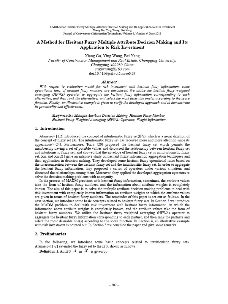 A Method For Hesitant Fuzzy Multiple Attribute Decision Making and Its | PDF | Fuzzy Logic