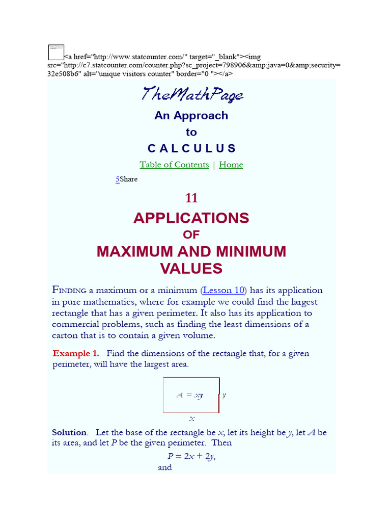 Applications of Maximum and Minimum Values - An Approach To Calculus ...