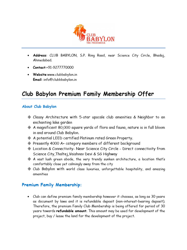 Club Babylon Premium Membership Details | PDF | Pricing | Business