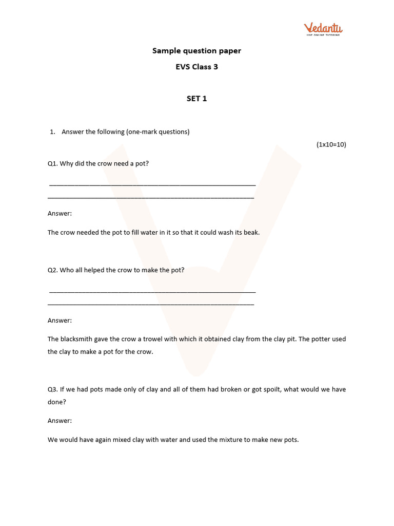 Class 3 EVS Sample Question Paper | PDF | Home & Garden