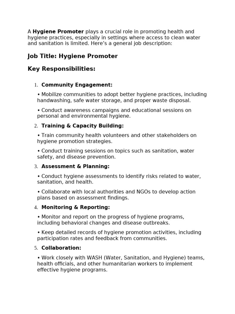 Job Title: Hygiene Promoter Key Responsibilities | PDF | Career & Growth