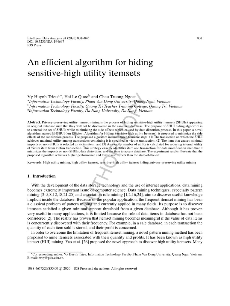 An Efficient Algorithm For Hiding Sensitive-High Utility Itemsets | PDF | Databases | Data Mining