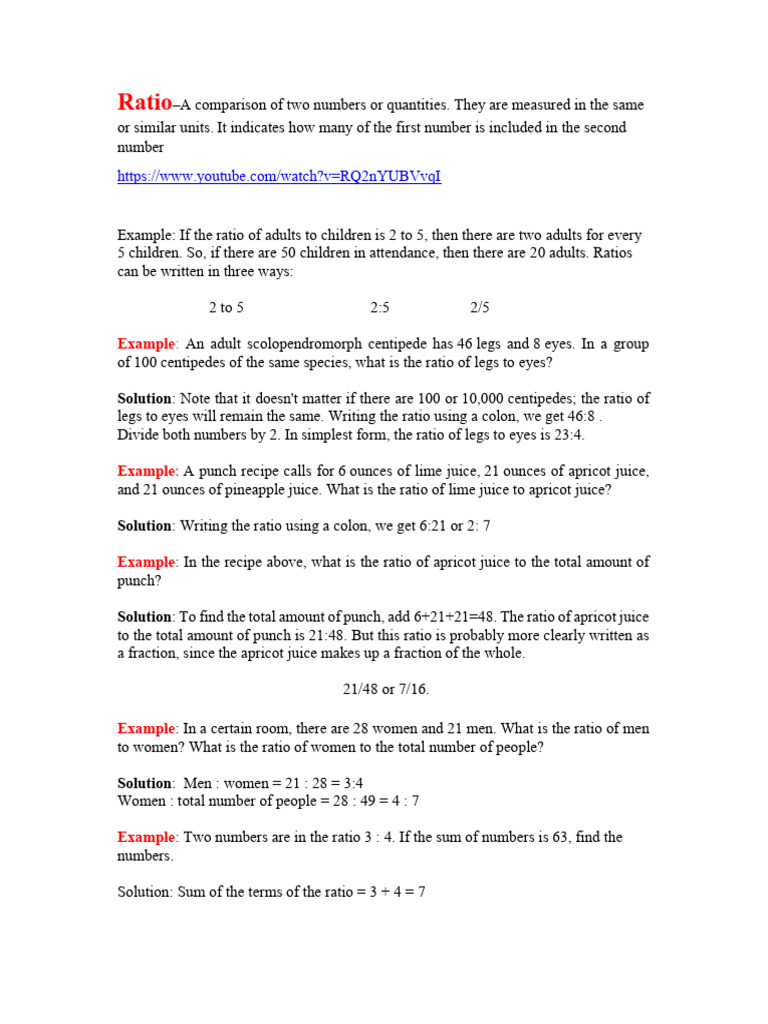 Notes For Ratio, Rate and Proportion | PDF | Ratio | Reaction Rate
