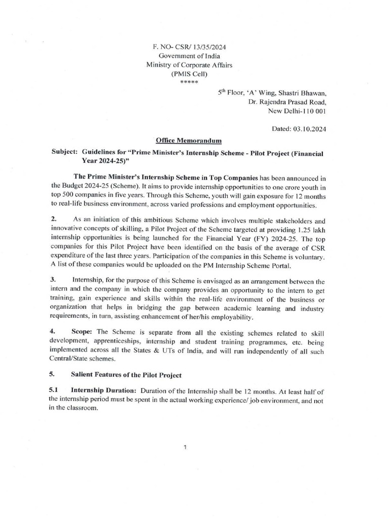 PM Internship Scheme 2024 PMIS ENG | PDF