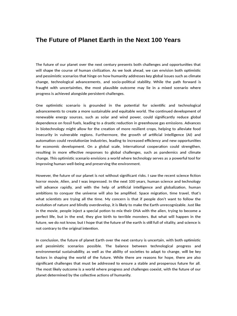 The Future of Planet Earth in The Next 100 Years | PDF | Sustainability ...