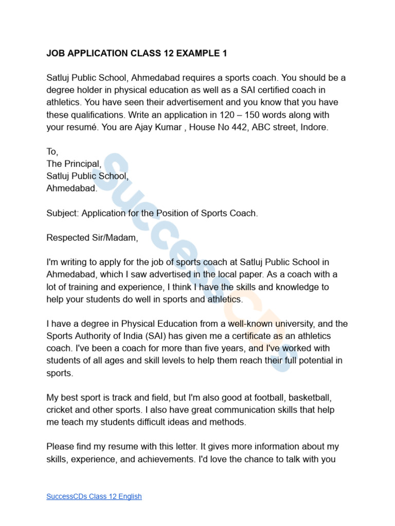 Job Application Class 12 PDF | PDF | Sports