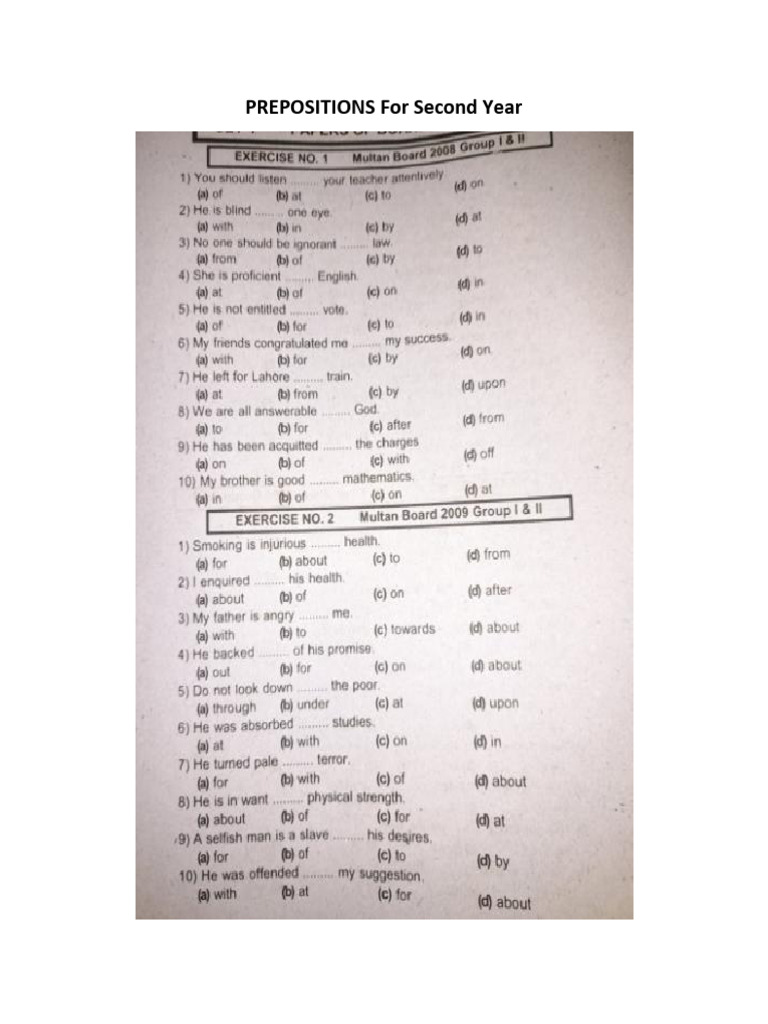 Prepositions for Second Year | PDF