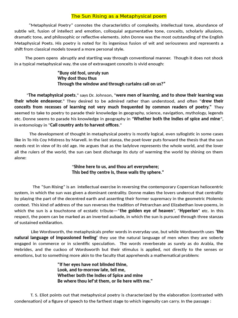 The Sun Rising As A Metaphysical Poem | PDF | Poetry | Metaphysics