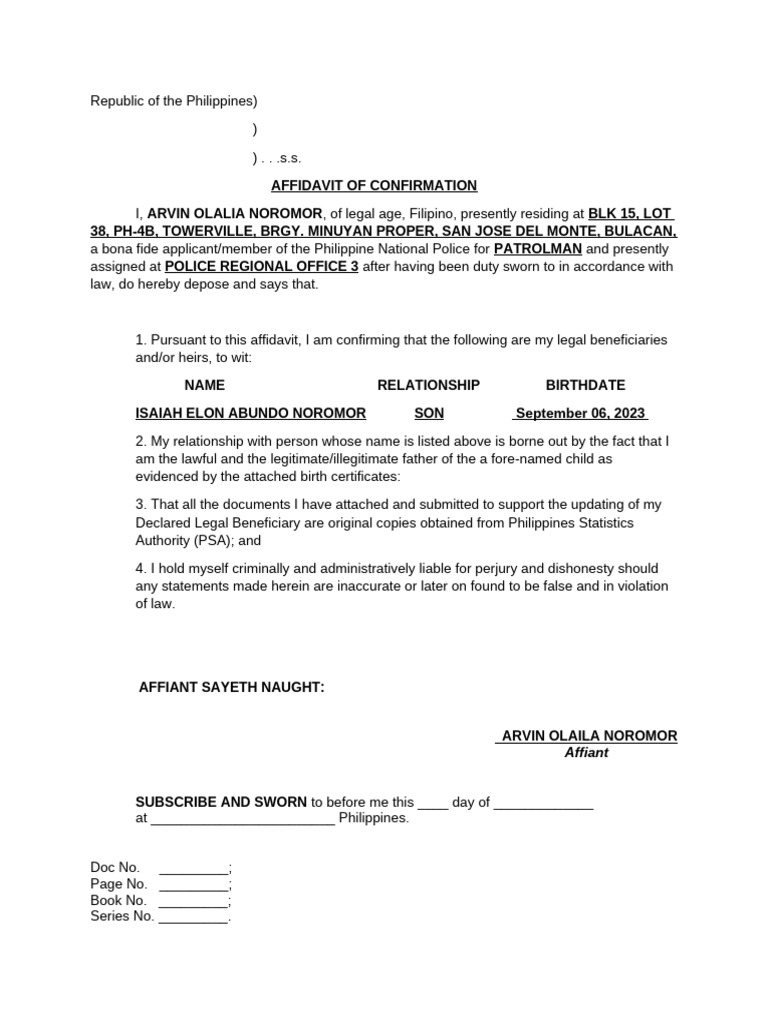 Affidavit of Confirmation - Arvin Noromor | PDF