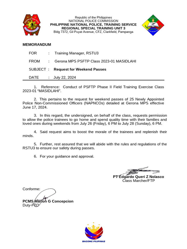 Gerona Request Letter For Weekend Passes - July - 26 28 | PDF