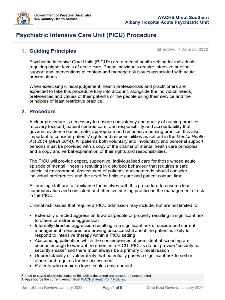 Psychiatric Intensive Care Unit PICU Procedure Albany Hospital Acute ...