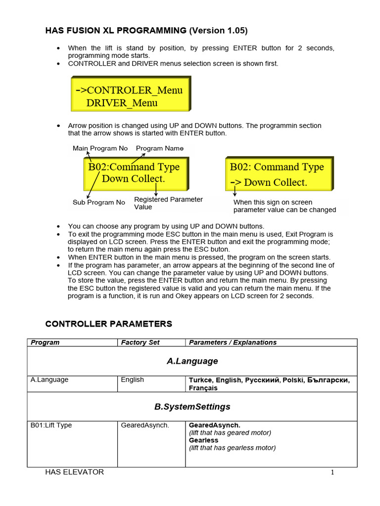 HAS Fusion XL Elevator Programming Guide | PDF | Acceleration | Elevator
