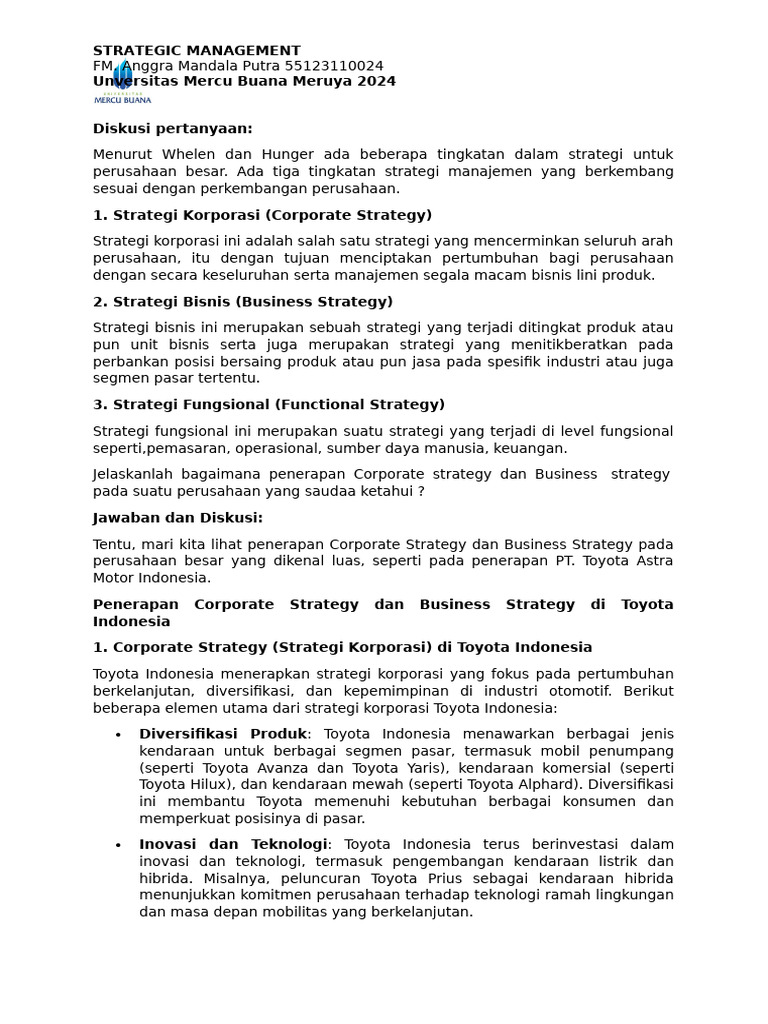 Strategi Toyota Indonesia: Korporasi dan Bisnis | PDF