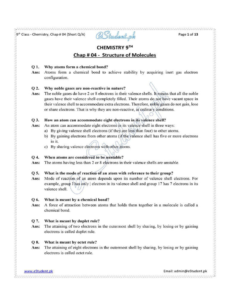Short QA Ch-4 Chem 9th | PDF