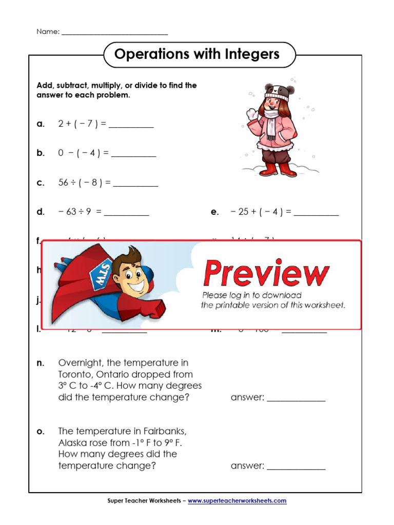 Integer Operations Worksheet | PDF