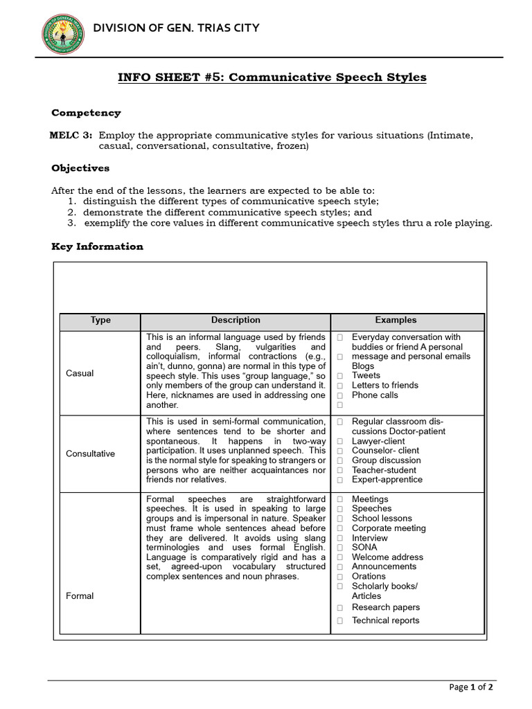 G9 Info Sheet Q1 - L5 - Communicative Styles | PDF | English Language | Linguistics