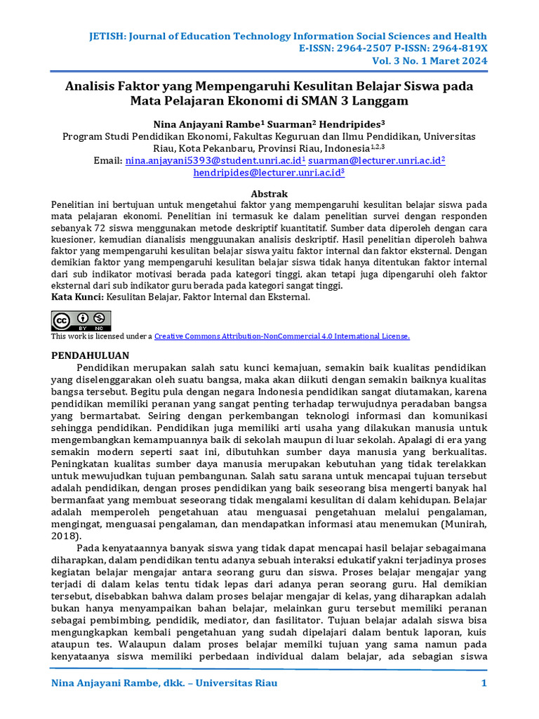 Analisis Faktor Yang Mempengaruhi Kesulitan Belajar Siswa Pada Mata Pelajaran Ekonomi | PDF ...