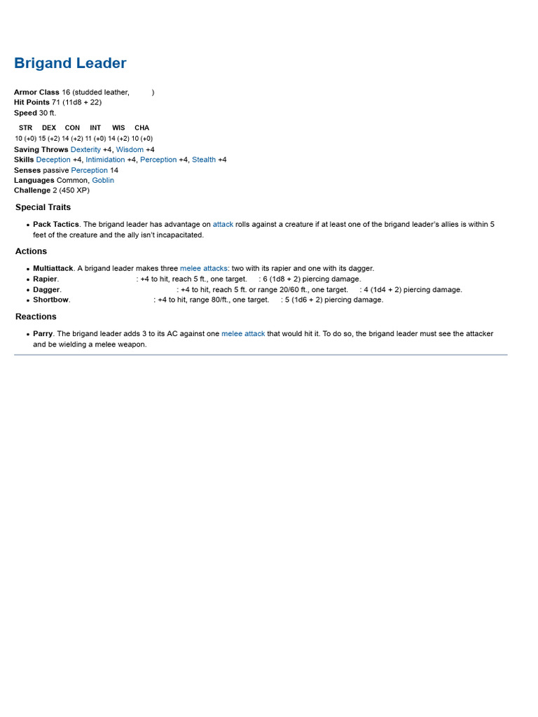 Brigand Leader: Stats & Abilities | PDF