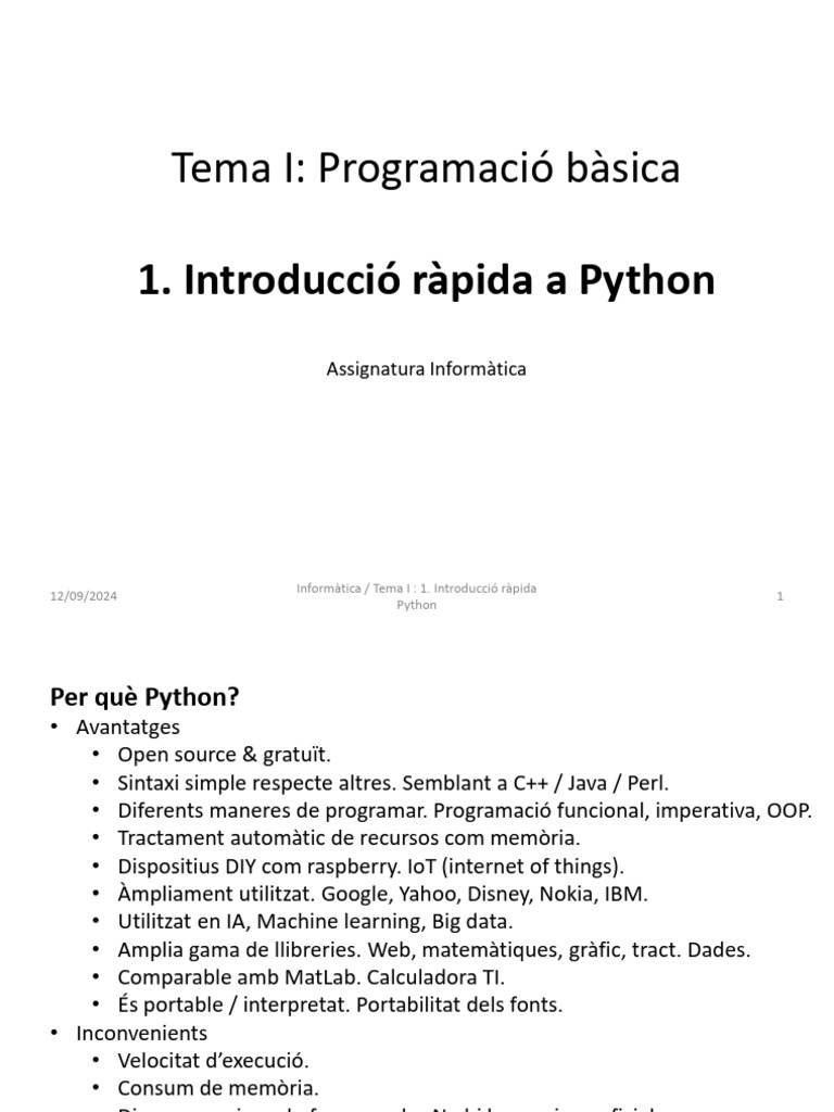 Tema I - Capítol 1 Diapos - Introducció Ràpida A Python | PDF Tema I - Capítol 1 Diapos - Introducció Ràpida A Python | PDF