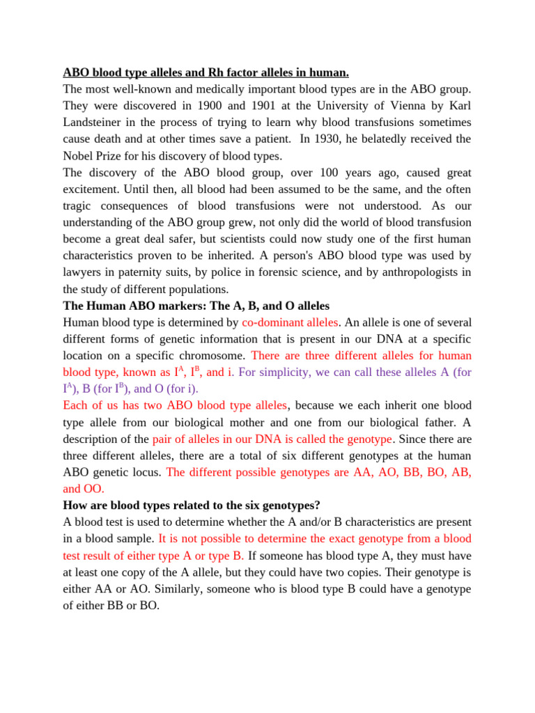 ABO blood type alleles and Rh factor alleles in human. | PDF | Blood ...