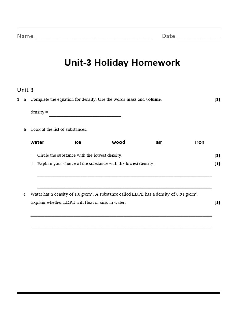 Unit-3-Holiday Homework-G8 | PDF | Density | Matter