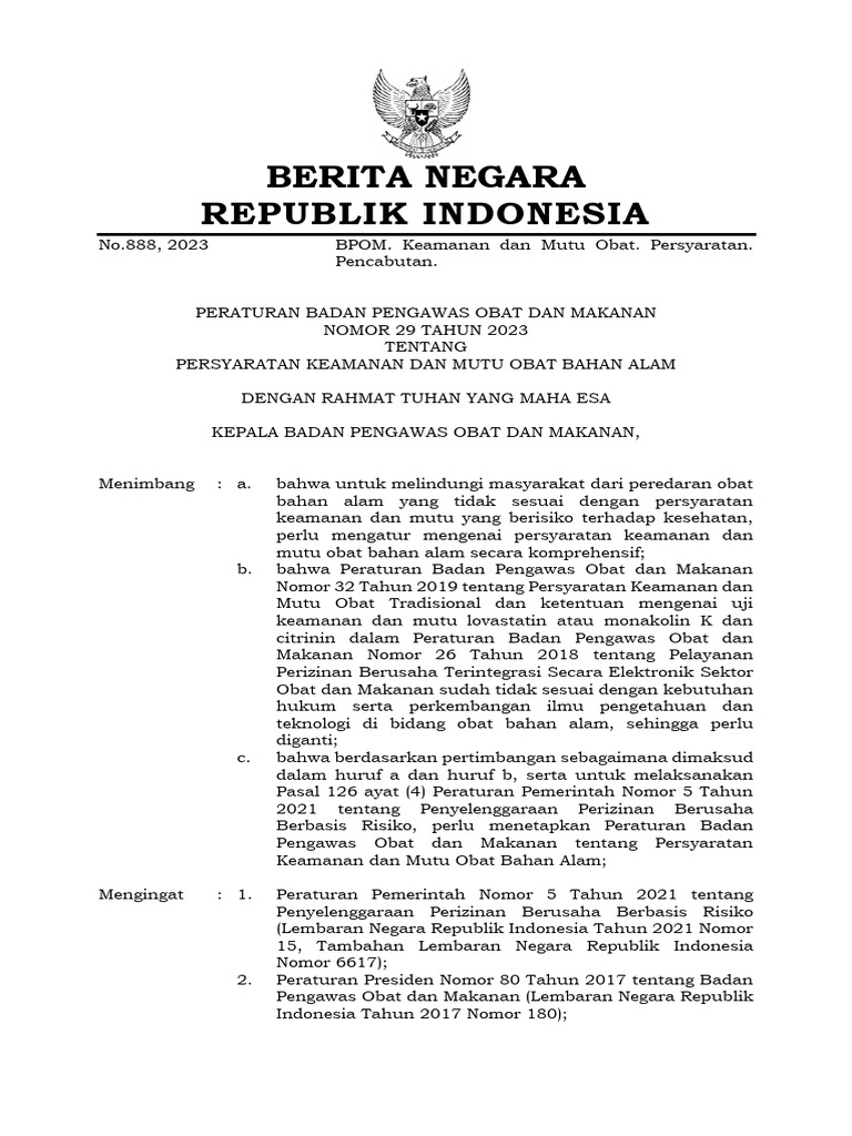 Peraturan BPOM No. 29 Tahun 2023 | PDF