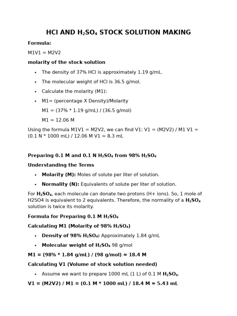 HCL AND H2SO4 STOCK SOLUTION MAKING | PDF | Mole (Unit) | Physical ...