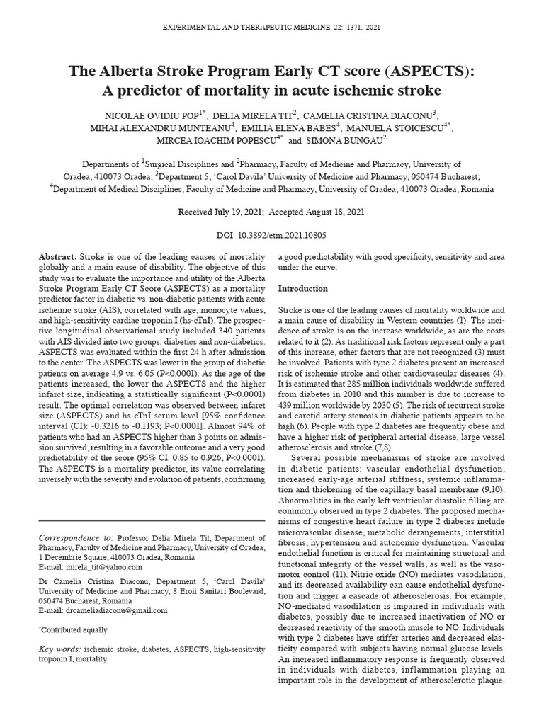 The Alberta Stroke Program Early CT Score (ASPECTS) | PDF | Stroke | Clinical Medicine