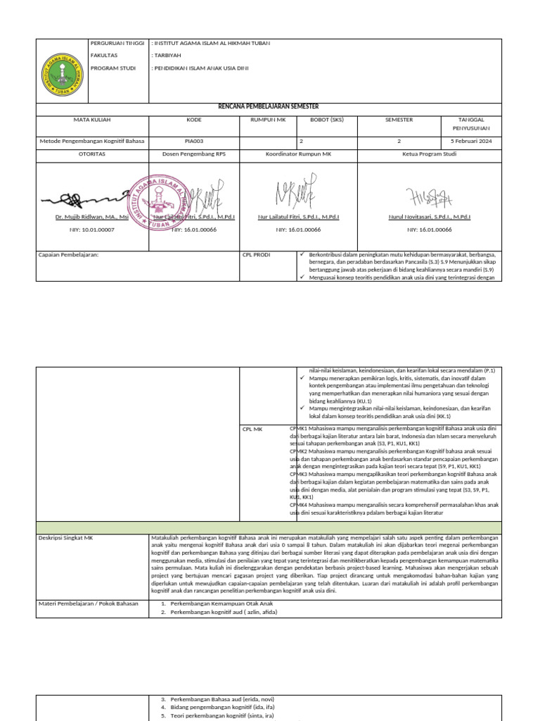 RPS Pengembangan Kogitif Bahasa | PDF