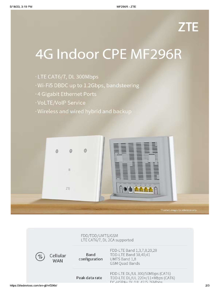 ZTE 4G Indoor CPE MF296R Specs | PDF