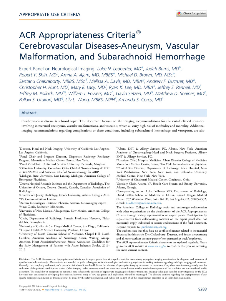 ACR Appropriateness Criteria® Cerebrovascular Diseases-Aneurysm, Vascular Malformation, and ...