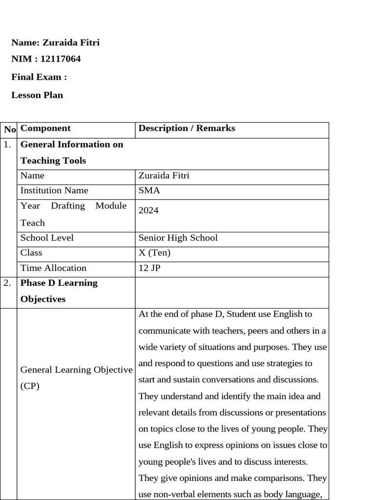 Zuraida Fitri - 12117064 - TBI 6B - Final Exam (Lesson Plan) | PDF ...