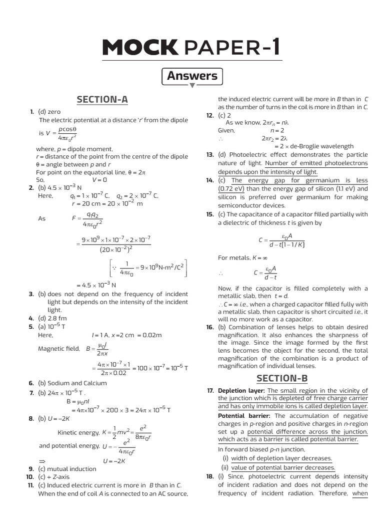 Physics Class 12 Mock Paper Answers | PDF | Electromagnetic Induction | Inductor