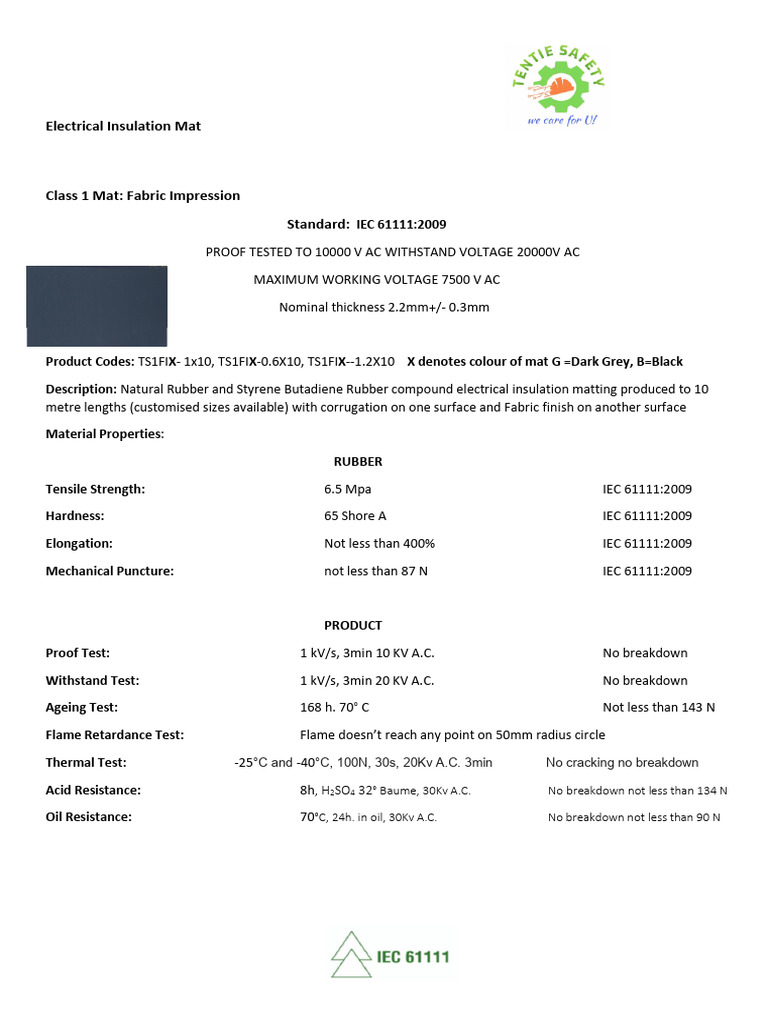 Tentie Safety Class1 Fabric Impression Mat IEC Tech Datasheet | PDF