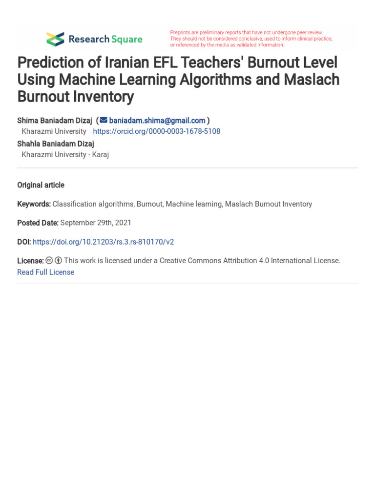 Prediction of Iranian EFL Teachers' Burnout Level Using Machine Learning Algorithms and Maslach ...
