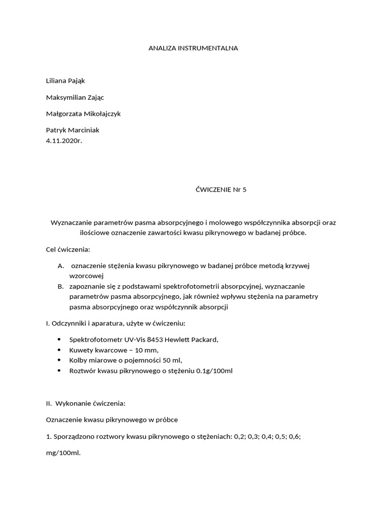 Sprawozdanie Z Analizy Instrumentalnej 1ćw. Nr. 5 | PDF