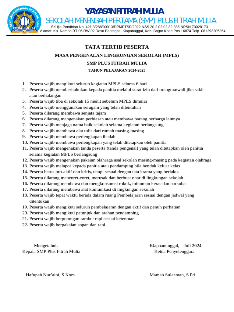 Tata Tertib Peserta MPLS 2024-2025 | PDF