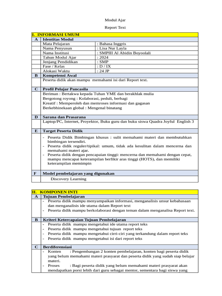 Modul Ajar Report Text Kelas IX | PDF | Seni & Disiplin Bahasa | Kesehatan Holistik