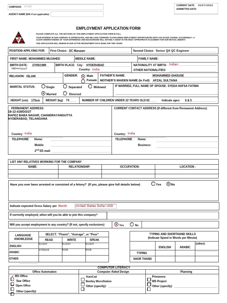 CCC Employment Application Form | PDF | Employment