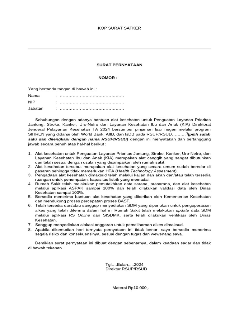 Surat Pernyataan Direktur RS Atas Pelaksanaan Anggaran SIHREN 2024 | PDF