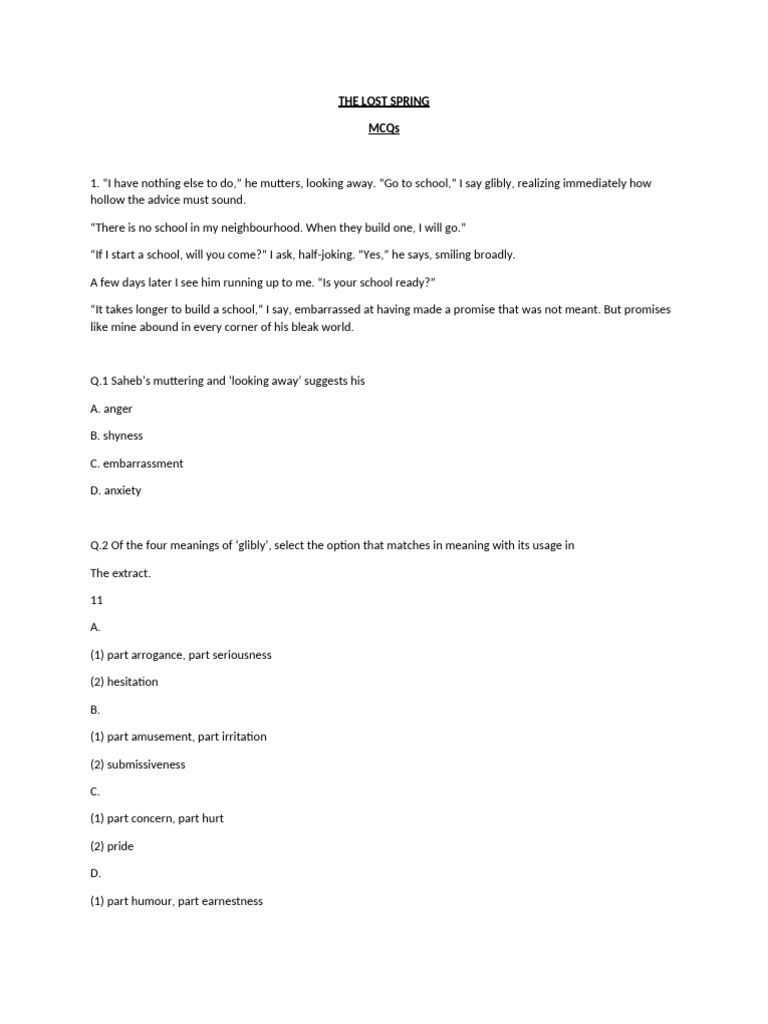 MCQs THE LOST SPRING | PDF