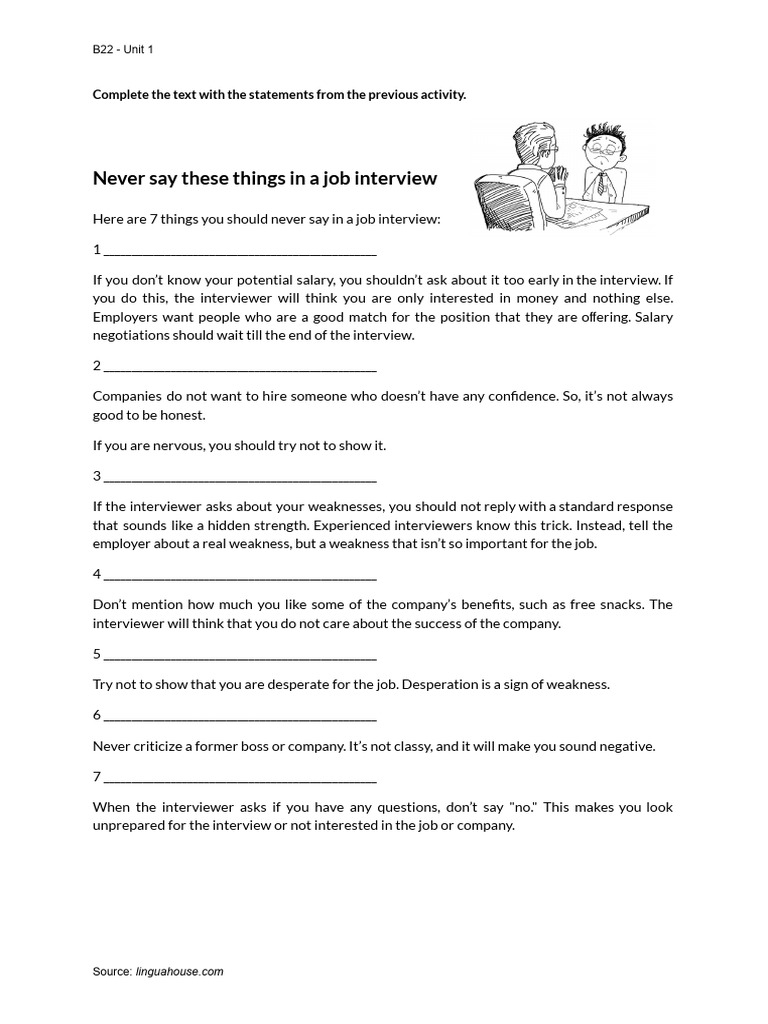 At A Job Interview - Worksheet | PDF | Job Interview
